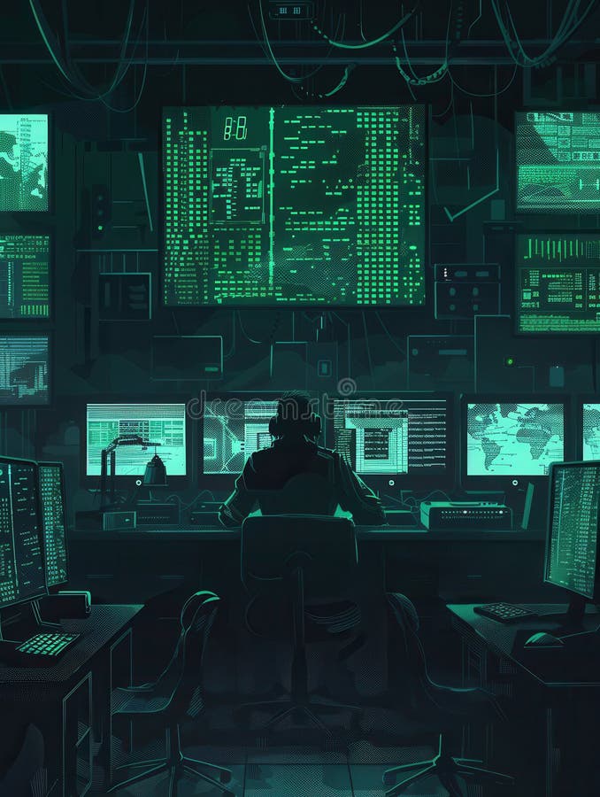 A Hacker Sits at a Desk in a Dark Room, Focused on Several Computer ...