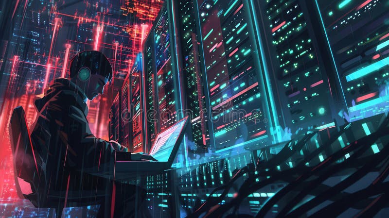 A Hacker Sits at a Desk Using a Laptop, Immersed in a Digital ...
