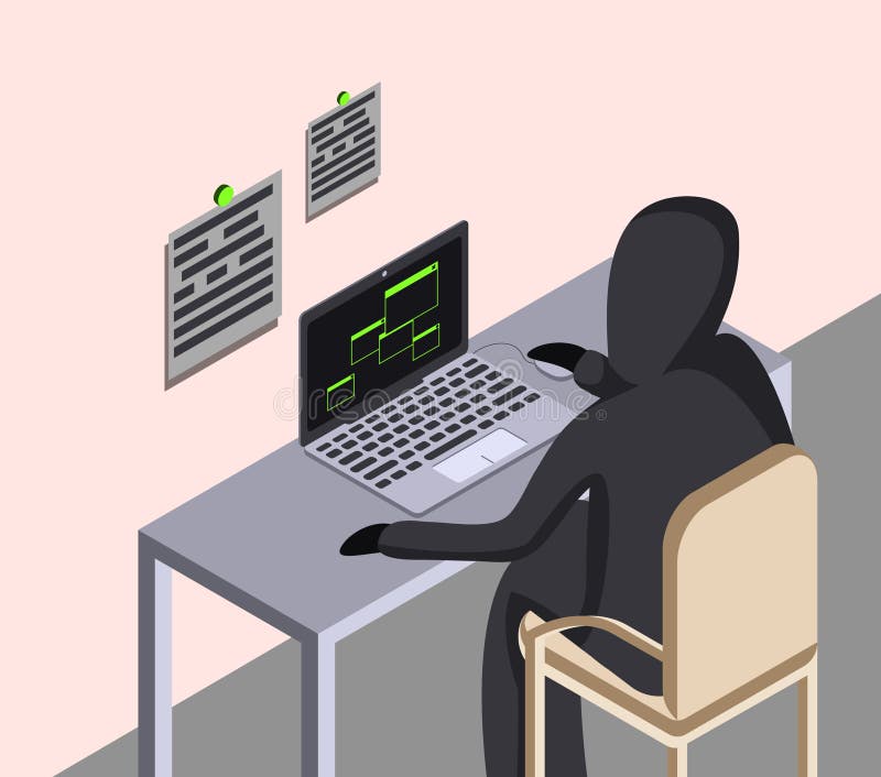 Hacker Sits in Front of Monitors. Anonymous Hooded Back View. Hacker ...