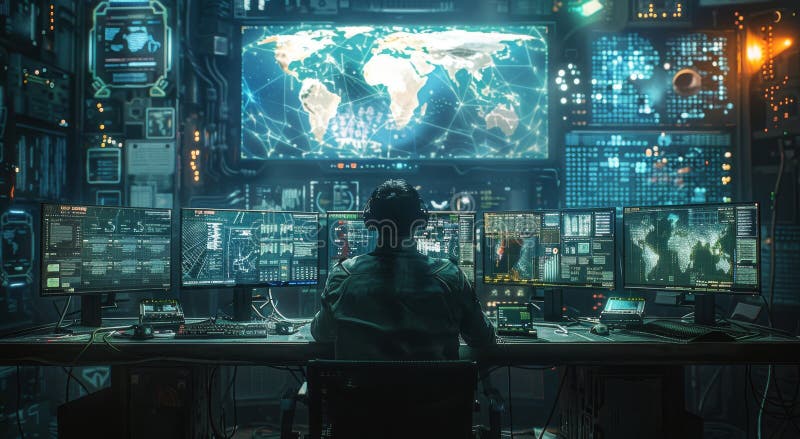 Silhouetted Hacker Monitoring Global Data Network with Multiple Monitors Stock Image - Image of ...