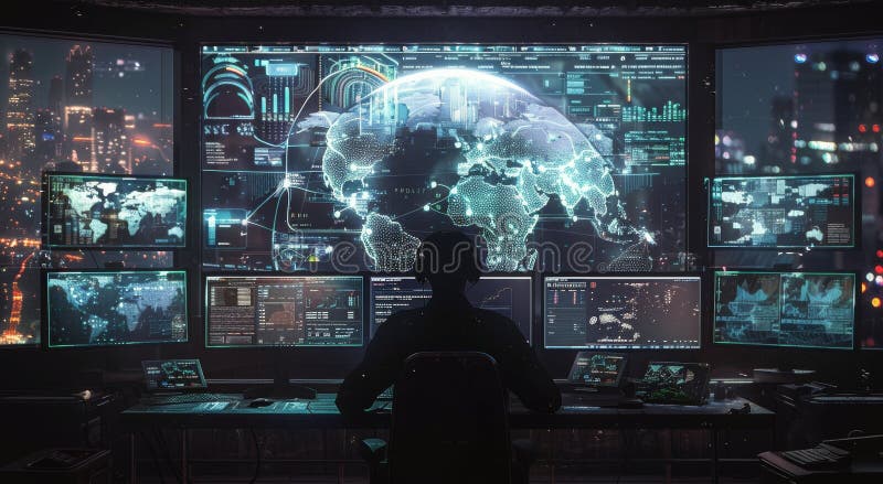 Silhouetted Hacker Monitoring Global Data Network with Multiple Monitors Stock Image - Image of ...