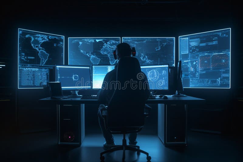 Hacker Sitting at a Desk, 4 Monitors, AI Generative Stock Illustration ...