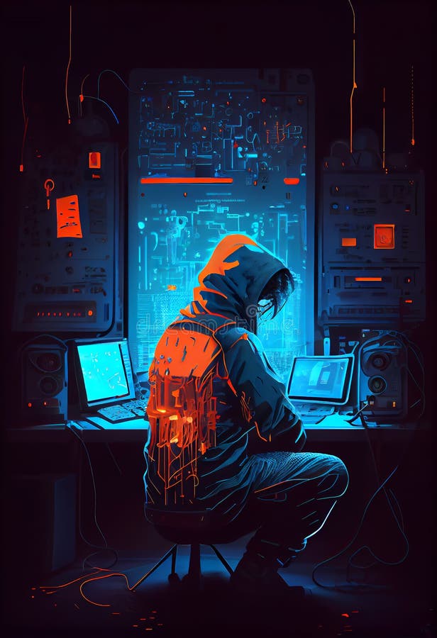 Hacker Sitting at the Desktop Stock Illustration - Illustration of ...