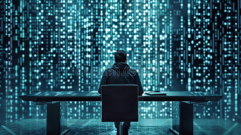 A Hacker Sitting in Front of a Computer Keyboard, Focused on Typing and ...