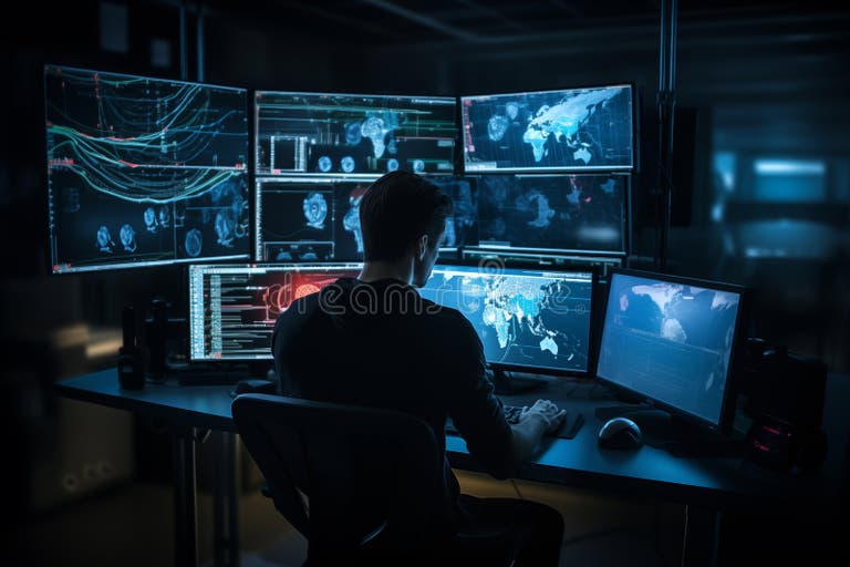 Hacker Sitting in Front of Many Computer Screens. Generative AI Stock ...