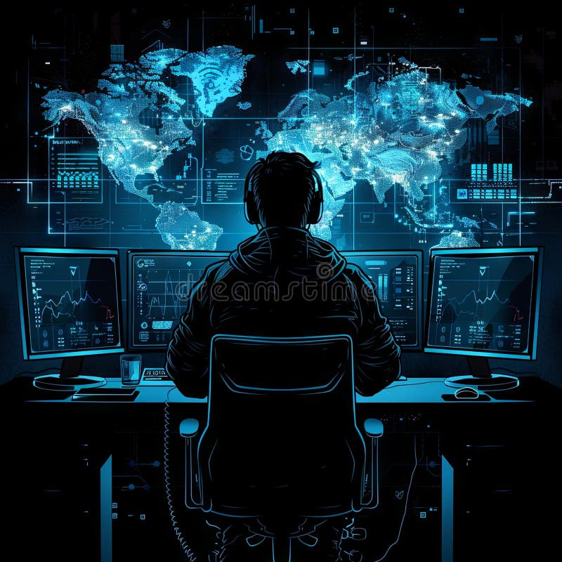 A Hacker Sitting at His Desk in the Dark with Several Monitors, on ...