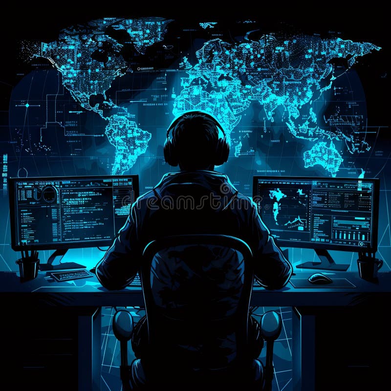 A Hacker Sitting at His Desk in the Dark with Several Monitors, on ...