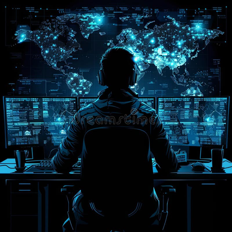A Hacker Sitting at His Desk in the Dark with Several Monitors, on ...