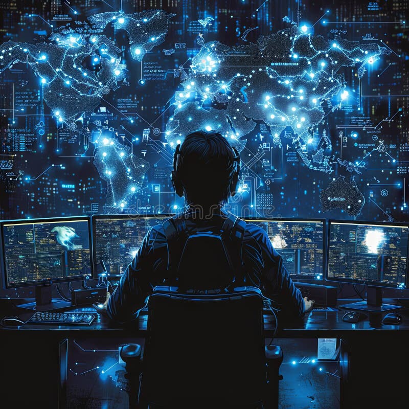 A Hacker Sitting at His Desk in the Dark with Several Monitors, on ...