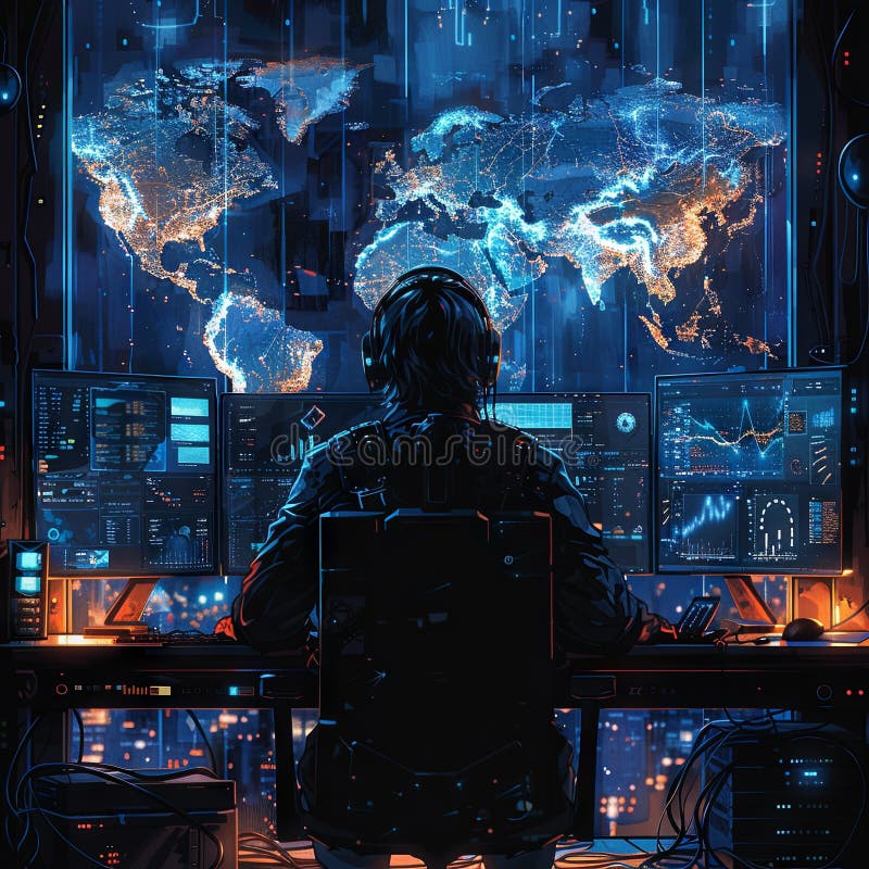 A Hacker Sitting at His Desk in the Dark with Several Monitors, on ...