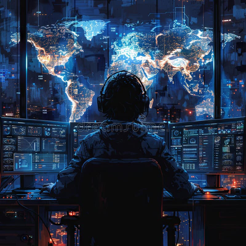 A Hacker Sitting at His Desk in the Dark with Several Monitors, on ...