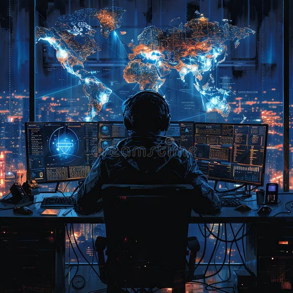 A Hacker Sitting at His Desk in the Dark with Several Monitors, on ...