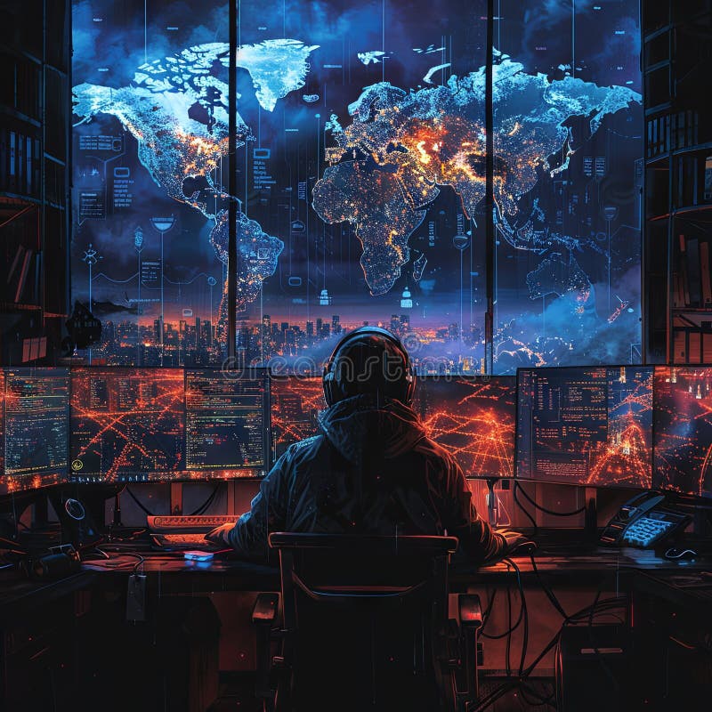 A Hacker Sitting at His Desk in the Dark with Several Monitors, on ...