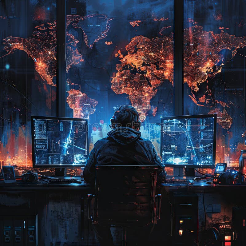A Hacker Sitting at His Desk in the Dark with Several Monitors, on ...