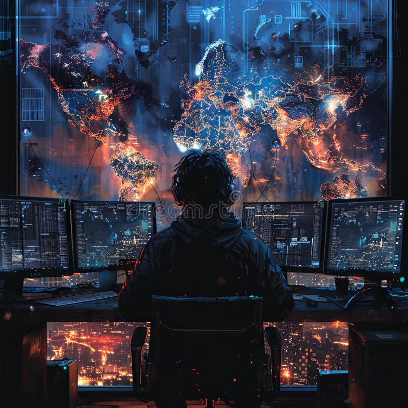A Hacker Sitting at His Desk in the Dark with Several Monitors, on ...