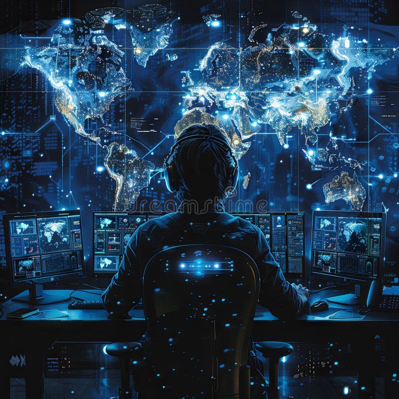 A Hacker Sitting at His Desk in the Dark with Several Monitors, on ...