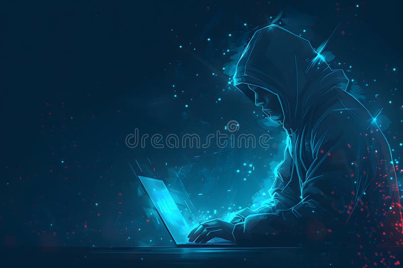Hacker Sitting at Laptop, Dark Blue Backgroud, Cybersecurity ...