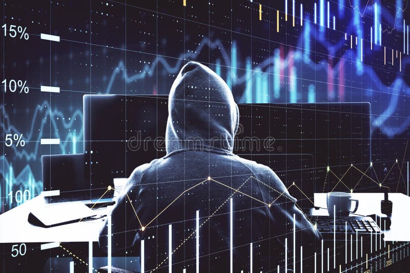 Hacker Sitting in Office and Using Computer with Chart Stock Image ...