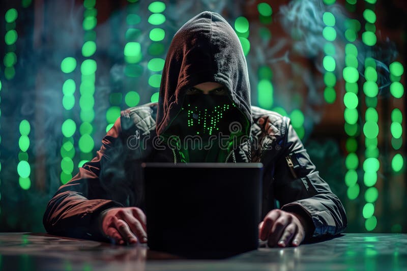 A Hacker is Sitting at a Table with a Laptop. he is Wearing a Hooded ...