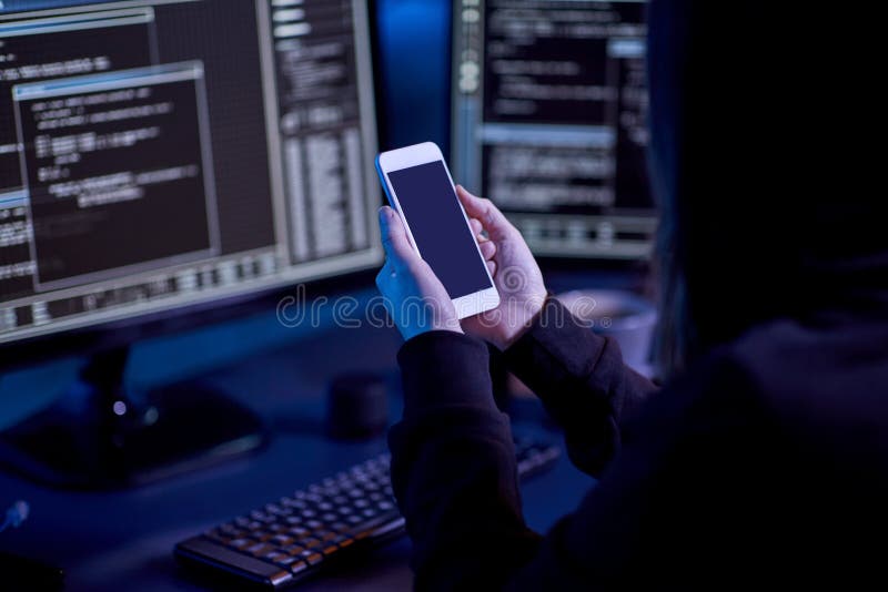 Hacker with Smartphone and Computers in Dark Room Stock Image - Image of cellphone ...
