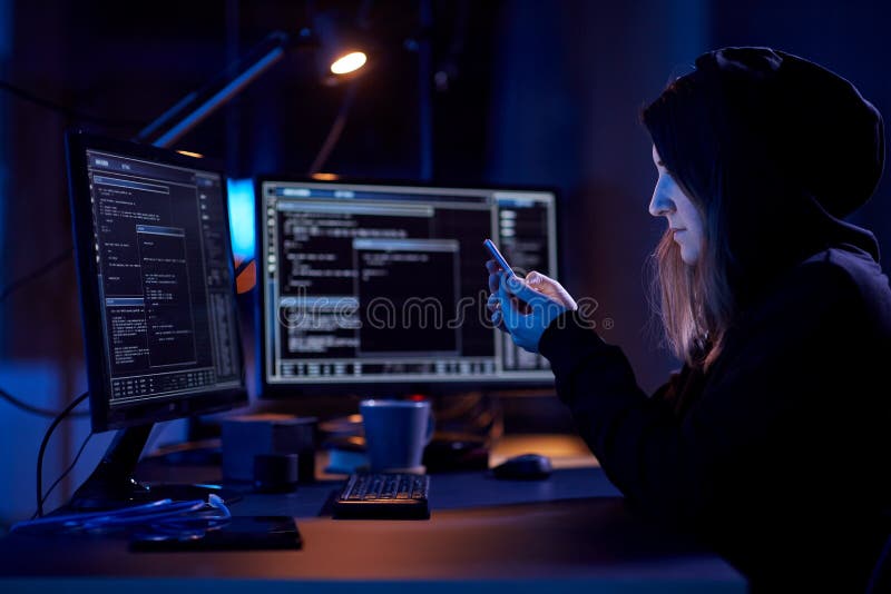 Hacker with Smartphone and Computers in Dark Room Stock Image - Image ...