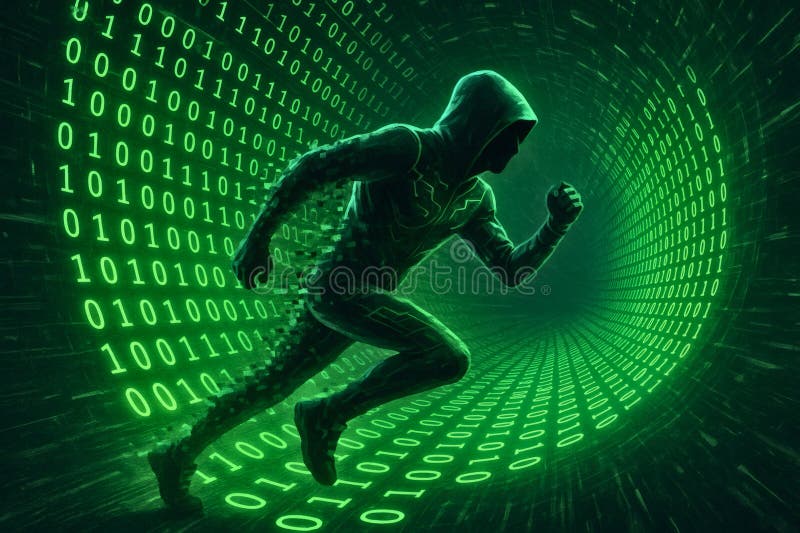 Hacker Sprinting through Binary Tunnel of Data Stock Illustration - Illustration of code, green ...
