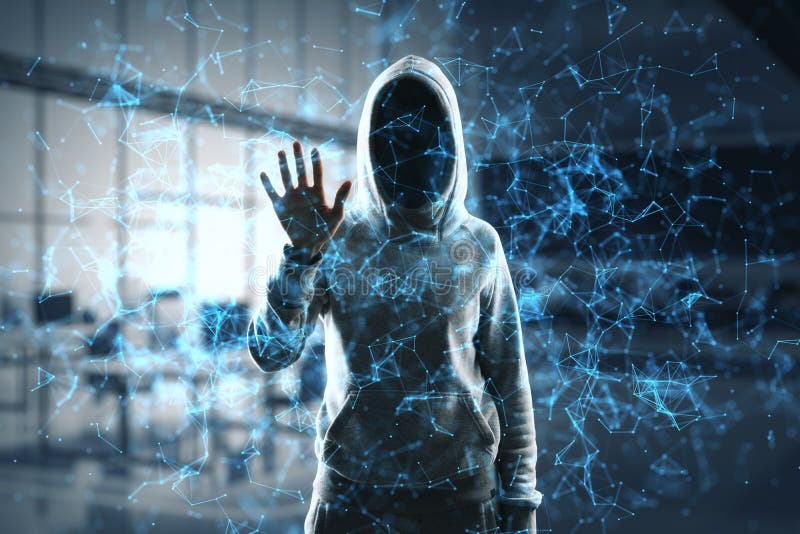 Hacker Standing in Abstract Blurry Office Interior with Blue Polygonal ...