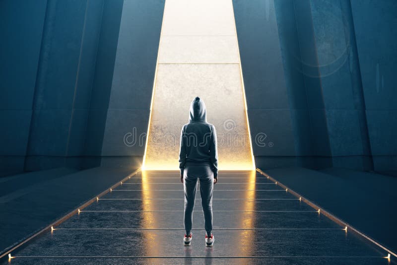 Hacker Standing in Contemporary Futuristic Gallery Interior Stock ...