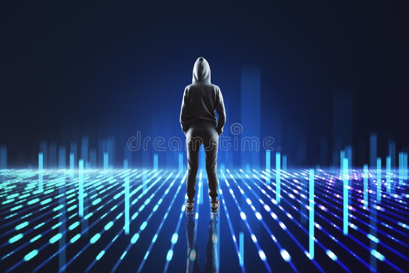 Hacker Standing on Creative Metaverse Background. Digital Future, Data ...