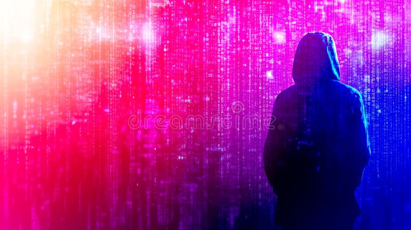 Hacker Standing In Front Of Binary Code Matrix Effect Cybersecurity Concept Stock Image Image