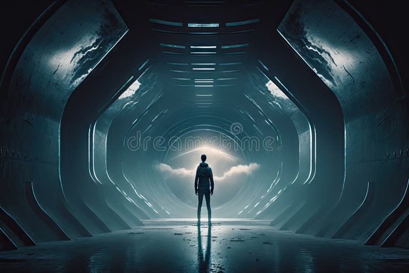 Hacker Standing in Futuristic Concrete Space Ship Interior Stock ...