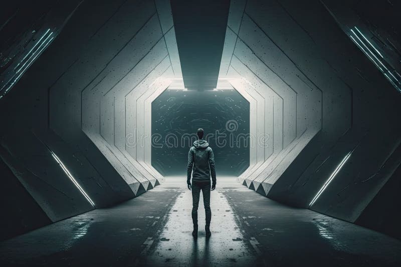 Hacker Standing in Futuristic Concrete Space Ship Interior Stock ...