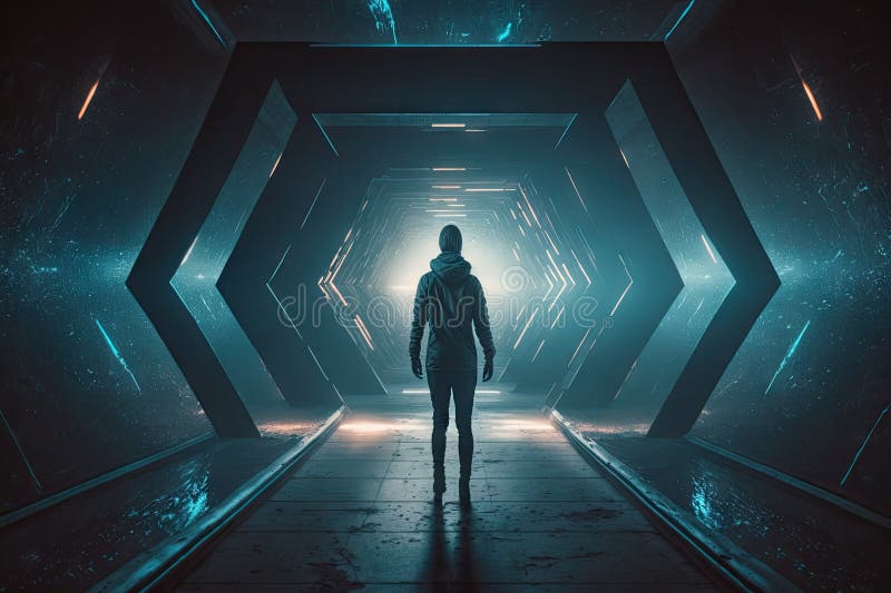 Hacker Standing in Futuristic Concrete Space Ship Interior Stock ...