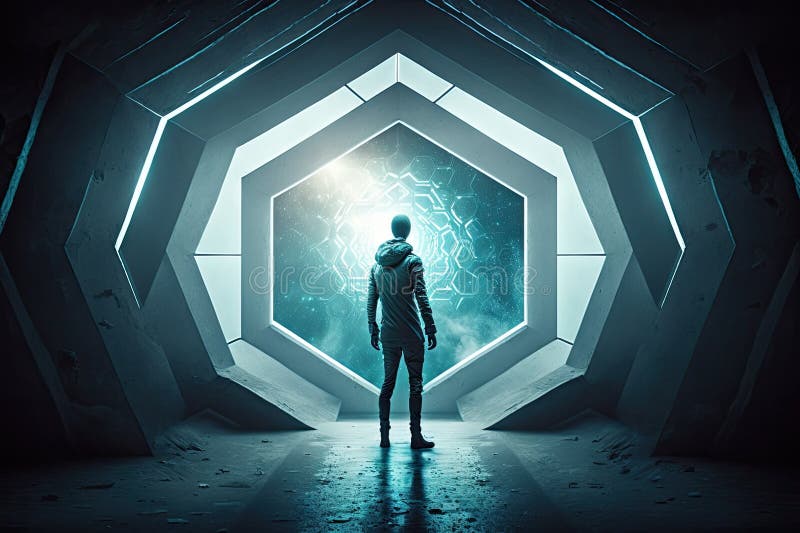 Hacker Standing in Futuristic Concrete Space Ship Interior Stock Photo ...