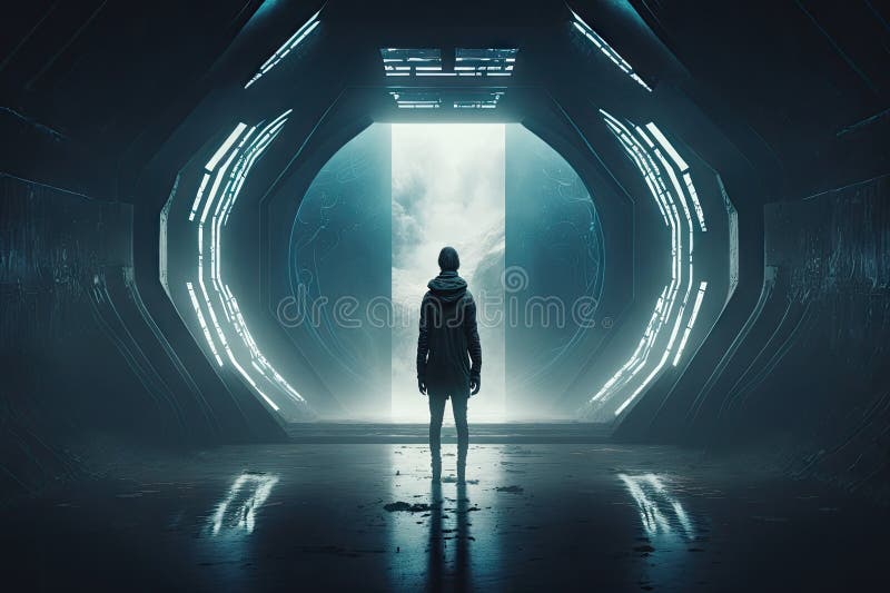 Hacker Standing in Futuristic Concrete Space Ship Interior Stock ...