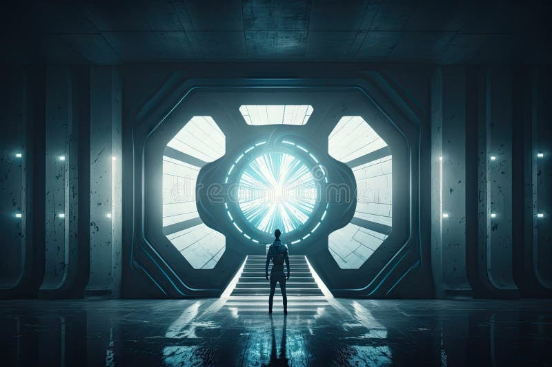 Hacker Standing in Futuristic Concrete Space Ship Interior Stock ...