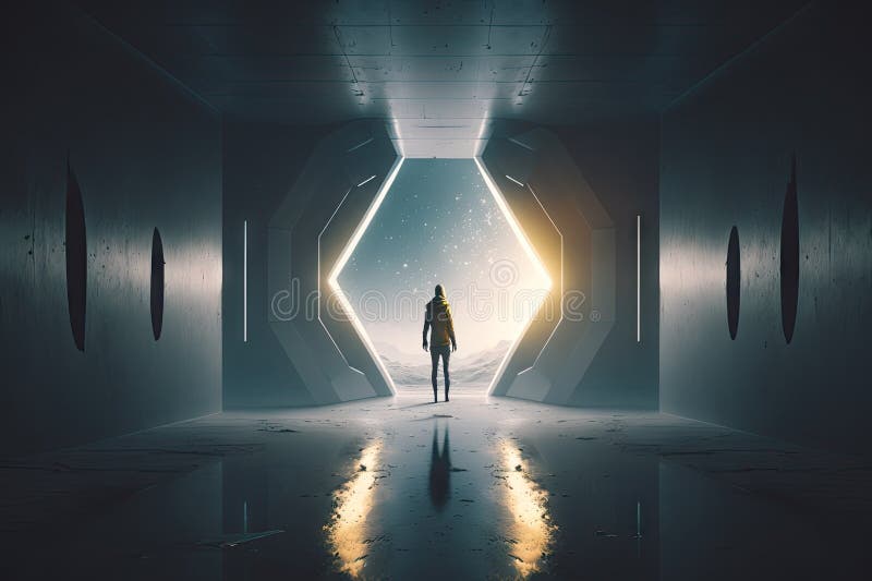 Hacker Standing in Futuristic Concrete Space Ship Interior Stock ...