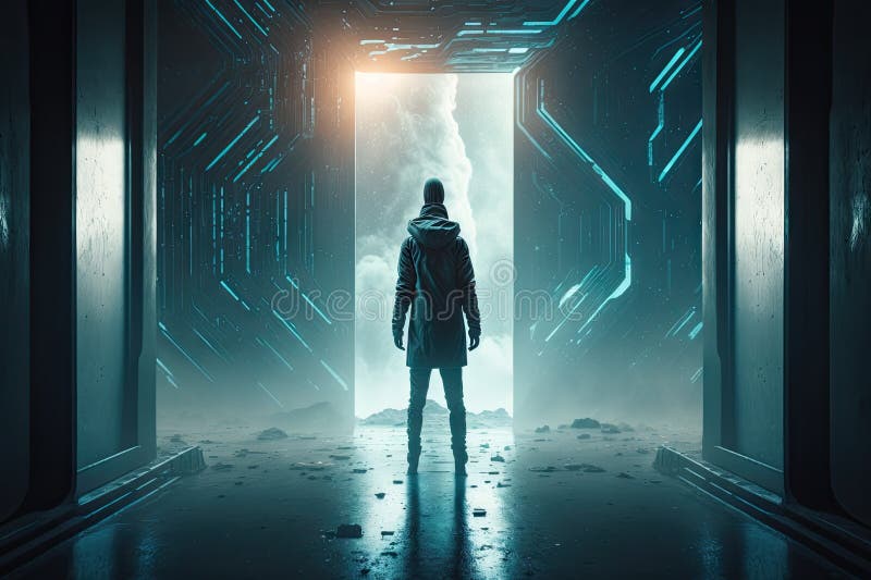 Hacker Standing in Futuristic Concrete Space Ship Interior Stock ...