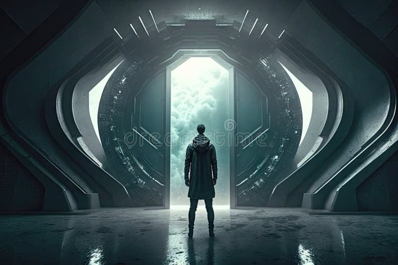 Hacker Standing in Futuristic Concrete Space Ship Interior Stock ...