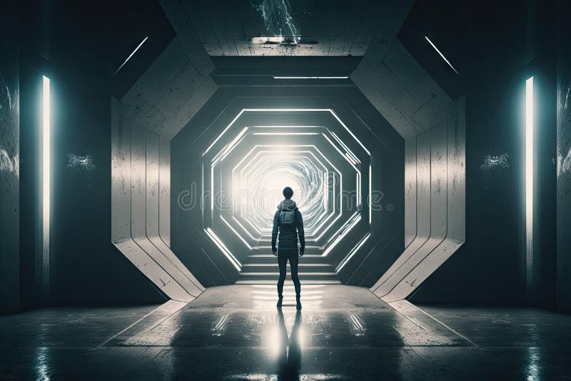 Hacker Standing in Futuristic Concrete Space Ship Interior Stock ...