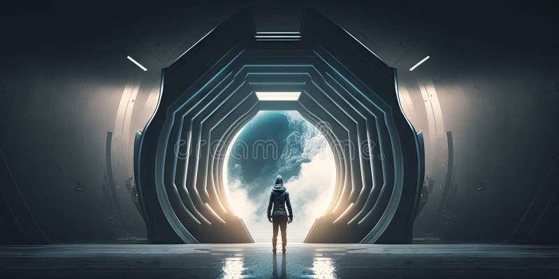 Hacker Standing in Futuristic Concrete Space Ship Interior Stock ...