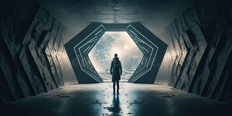 Hacker Standing in Futuristic Concrete Space Ship Interior Stock ...