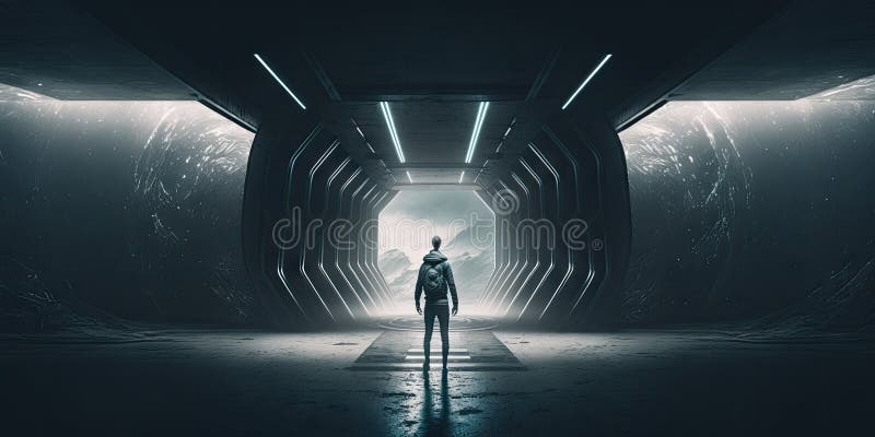 Hacker Standing in Futuristic Concrete Space Ship Interior Stock ...