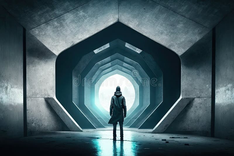 Hacker Standing in Futuristic Concrete Space Ship Interior Stock ...