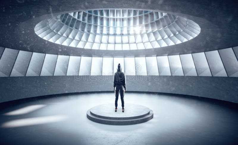 Hacker Standing in Futuristic Hall Interior Stock Image - Image of ...