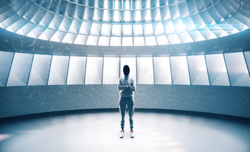 Hacker Standing in Futuristic Interior Stock Image - Image of modern ...