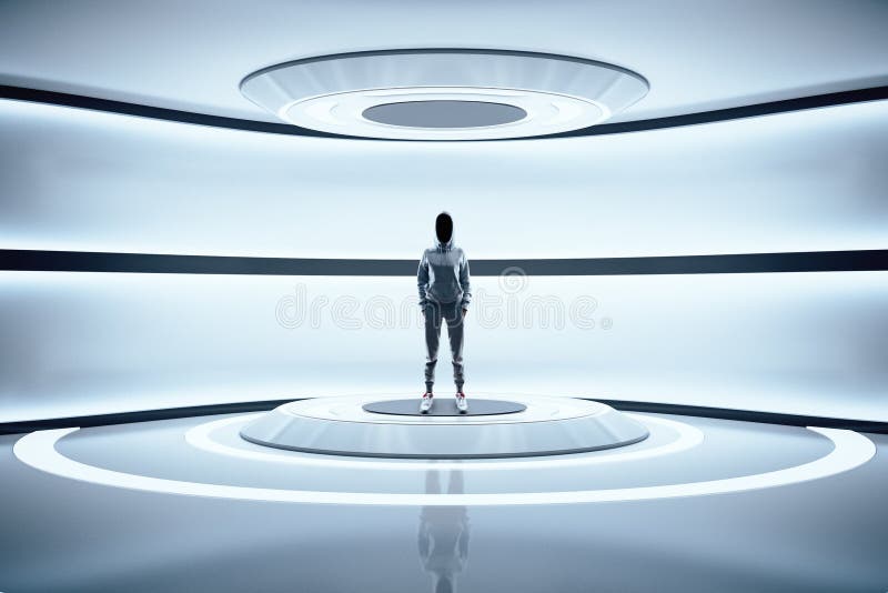 Hacker Standing in Futuristic Interior with Neon Lamps Stock Image ...