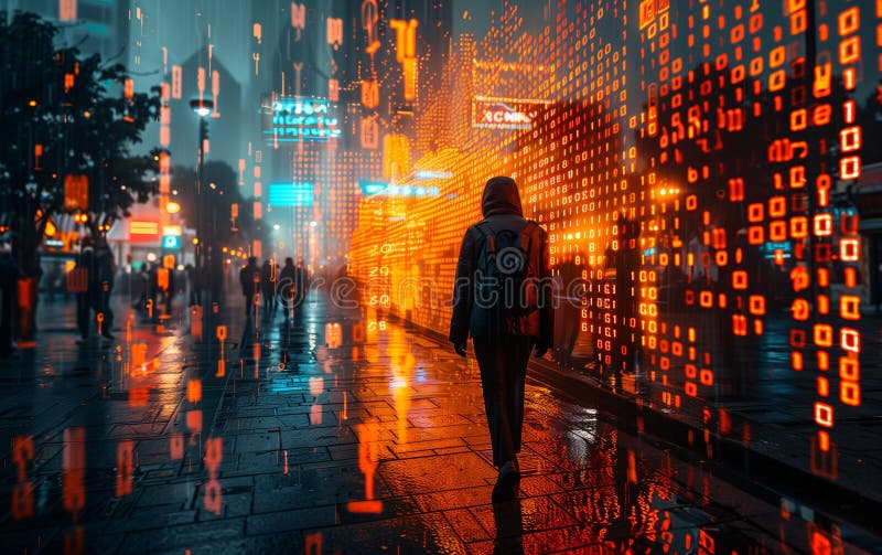 Hacker Standing in the Rain at Night Stock Illustration - Illustration ...