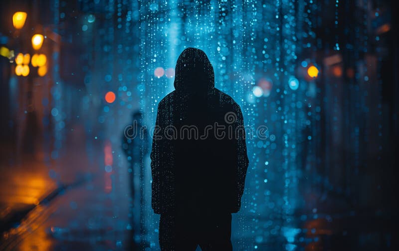 Hacker Standing in the Rain at Night Stock Illustration - Illustration ...