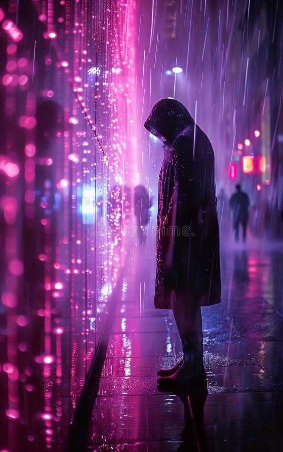 Hacker Standing in the Rain at Night, Looking at a Glowing Data Stream ...